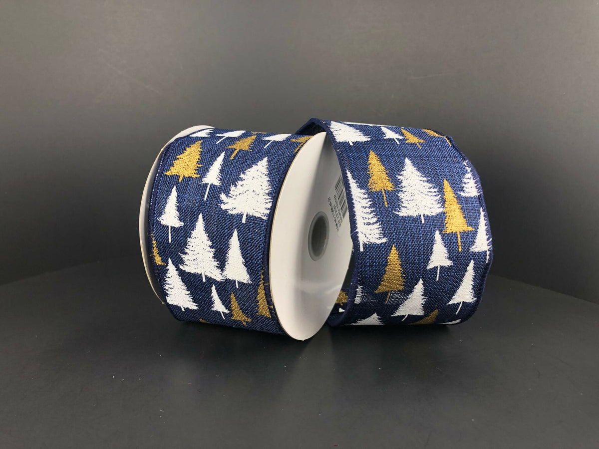 2.5"X10Y Navy Linen/White-Gold Trees 71286-40-27 — Trendy Tree
