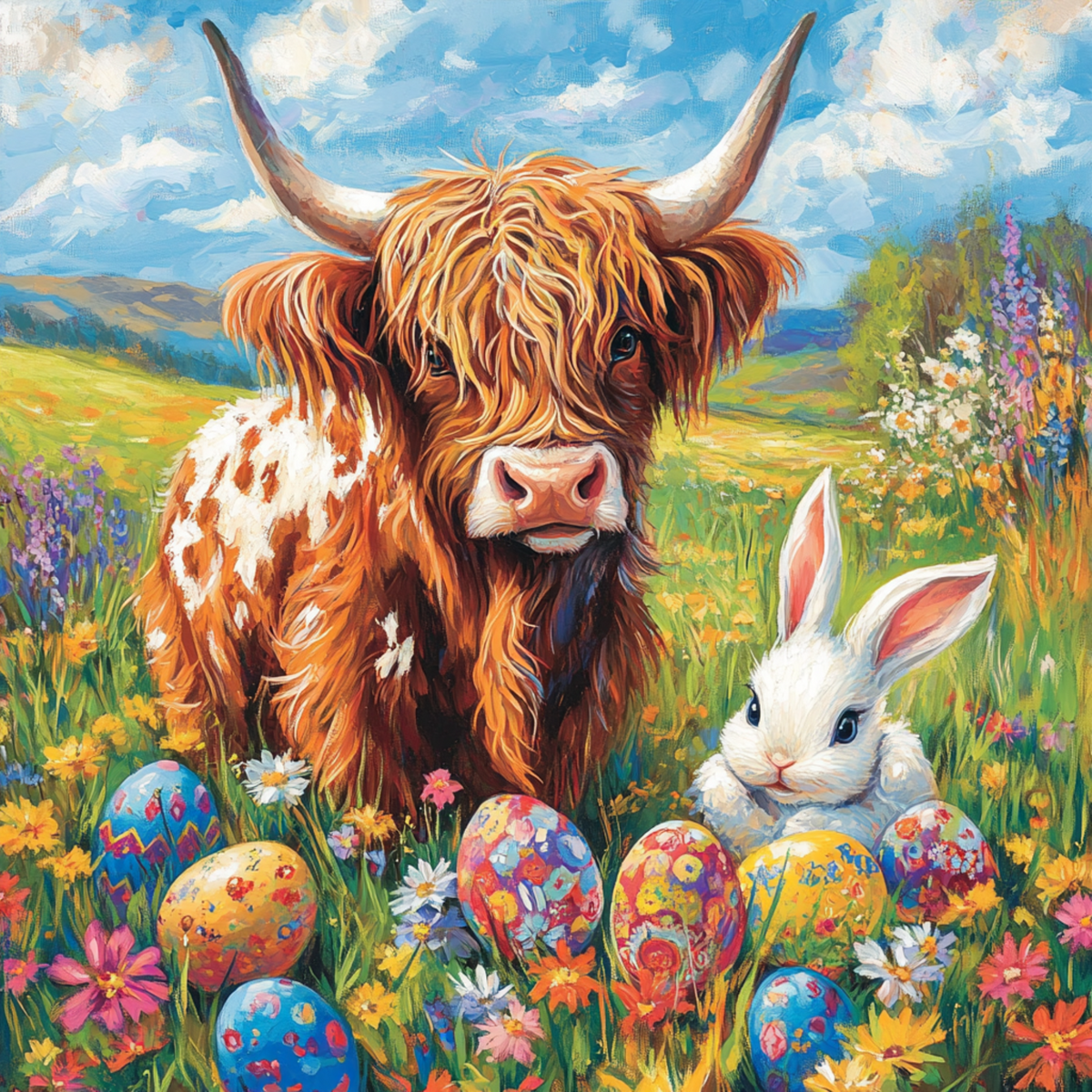 10" x 10" Highland Cow & Easter Bunny Sign TTE-204 — Trendy Tree
