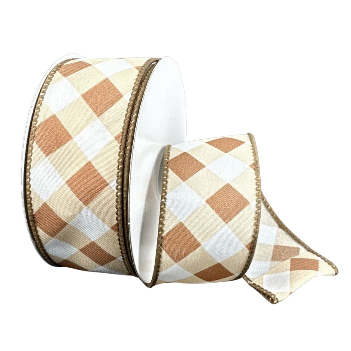 1.5"X10Y White Satin/Tan-Brown Diagonal Big Chex Ribbon 42624-09-38 ...